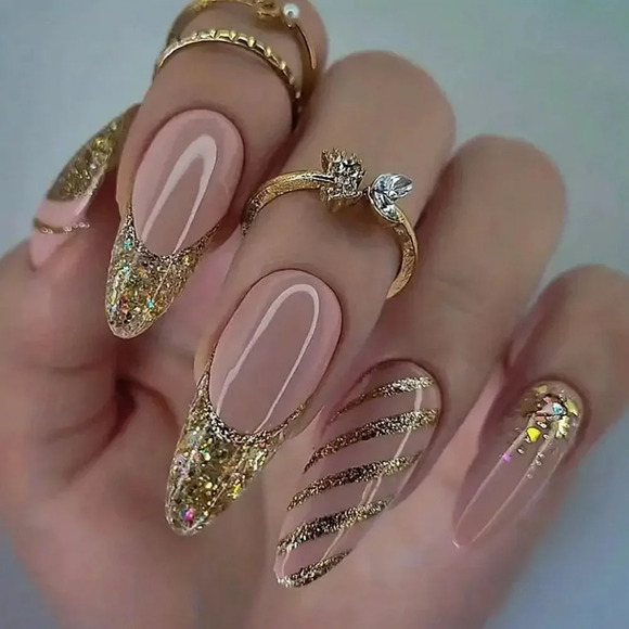 Makeup | 24 Gold Oval Shape Sparkle And Pink Press On Nails Set | Poshmark